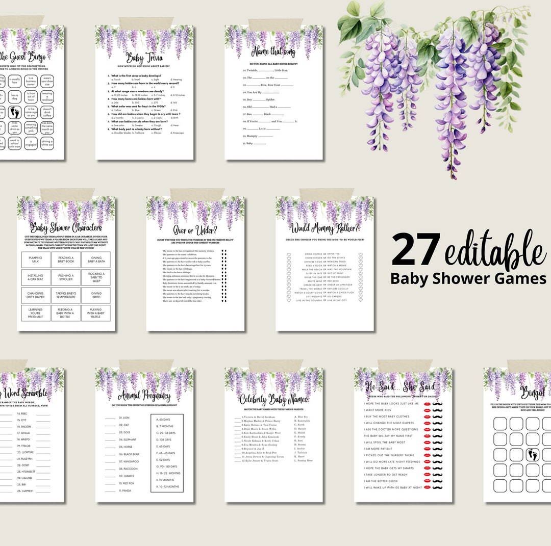 Wisteria Baby Shower Game Bundle, Purple Flower Baby Shower Games ...