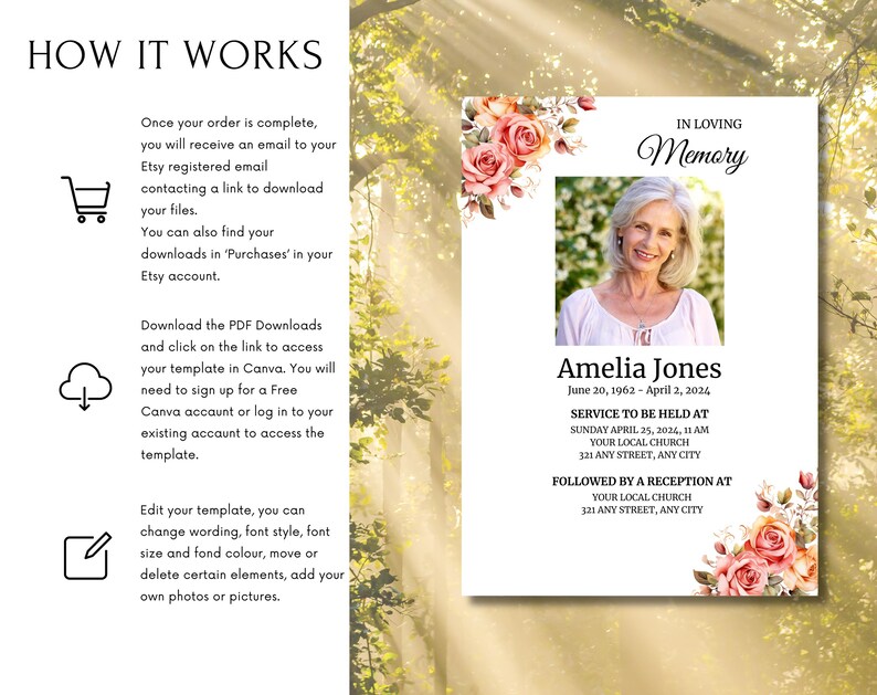 Editable Celebration of Life Invitation, Pink Roses Funeral Invitation ...