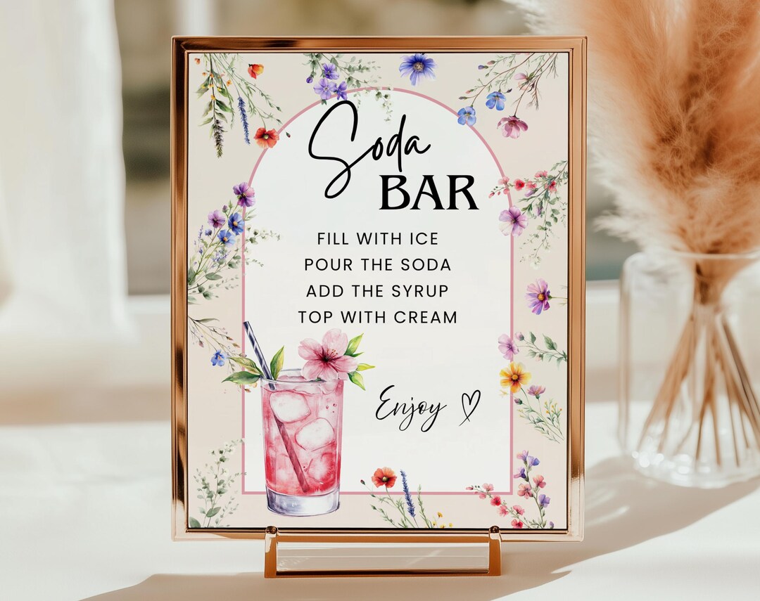 Soda Bar Sign, Editable Floral Summer Pool Party Drink Sign, Wildflower ...