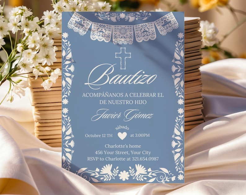 Cielito Lindo Baptism Party Invitation, Editable Dusty Blue Digital ...