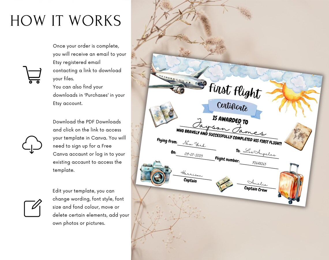 First Flight Certificate Printable Award for Toddlers, Vacation Gift ...