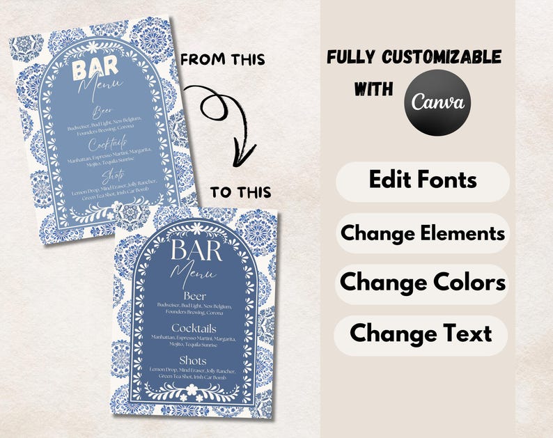 Talavera Birthday Bar Menu, Bar Menu Printable Sign, Editable Template ...