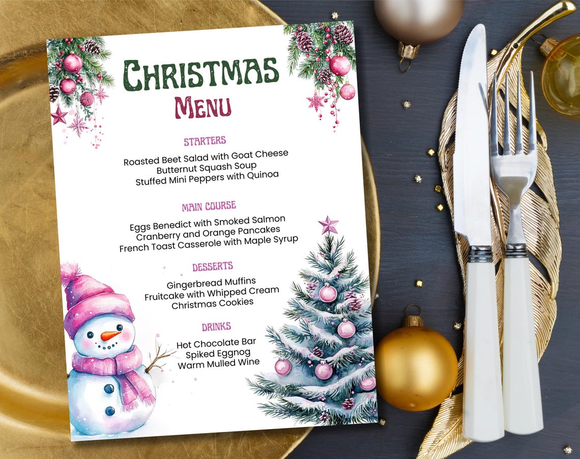 Christmas Menu Card Template, Snowman Menu Printable, Christmas Menu ...