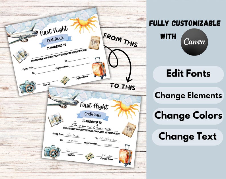 First Flight Certificate Printable Award for Toddlers, Vacation Gift ...