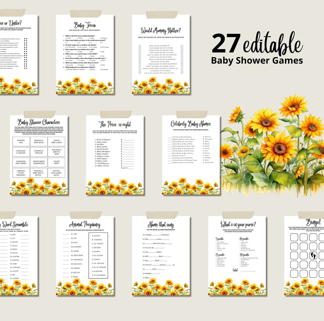 Sunflowers Baby Shower Games Bundle, Yellow Flowers Baby Shower Games ...