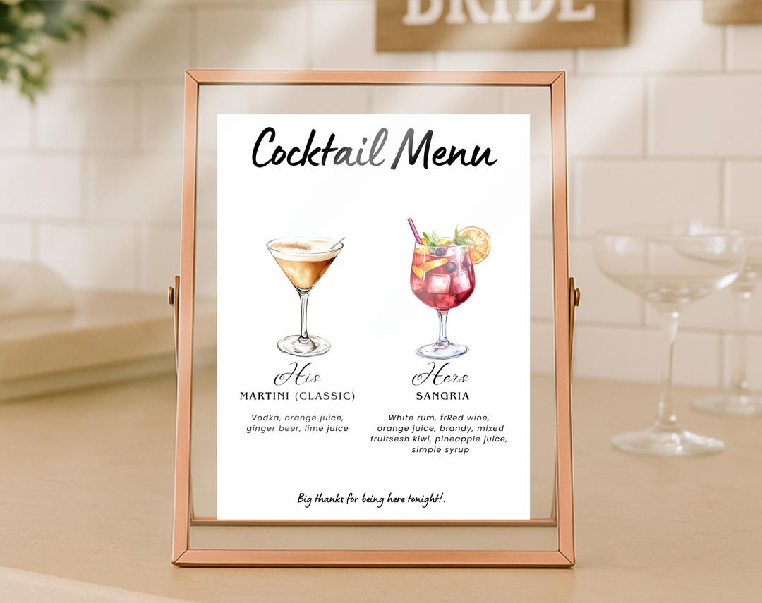 Wedding Reception Cocktail Menu Sign Template, Signature Drinks Canva ...