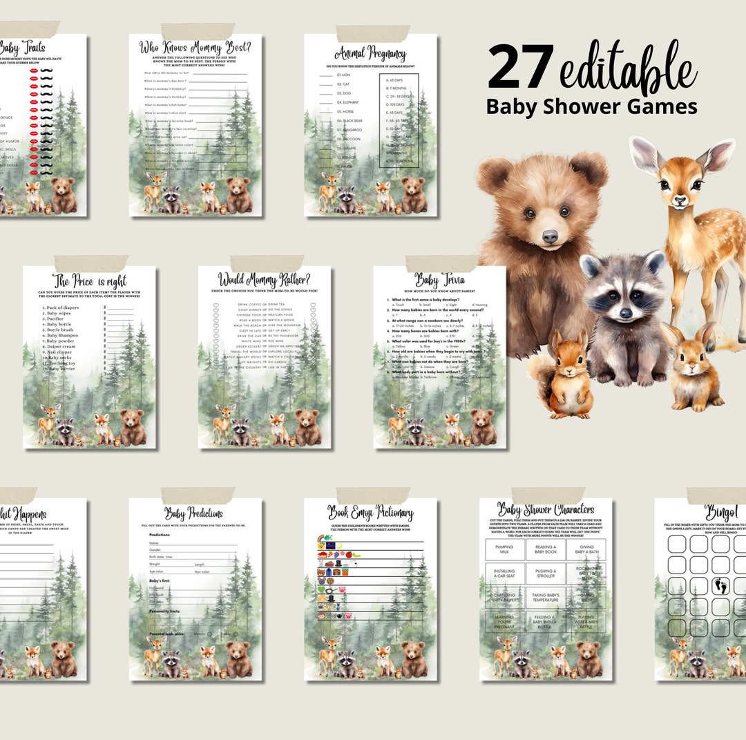 Woodland Animals Baby Shower Games Bundle, National Park Editable ...