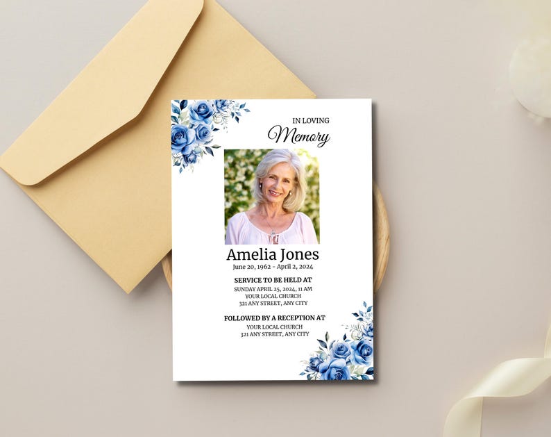 Editable Celebration of Life Invitation, Blue Roses Funeral Invitation ...