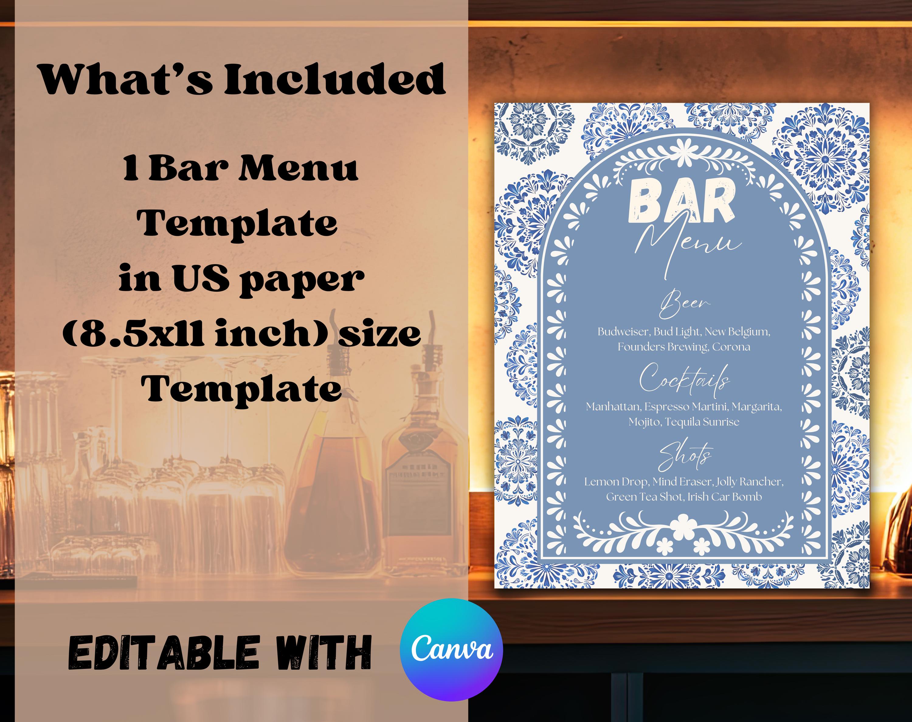 Talavera Birthday Bar Menu, Bar Menu Printable Sign, Editable Template ...