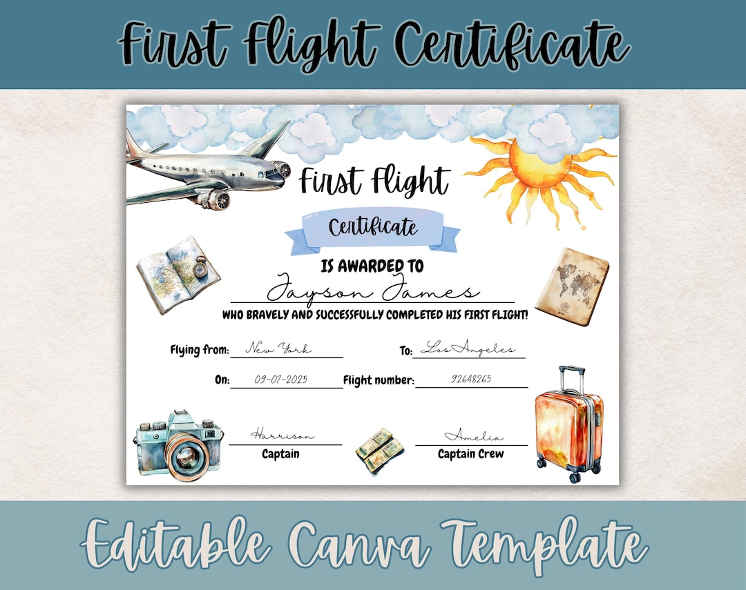 First Flight Certificate Printable Award for Toddlers, Vacation Gift ...