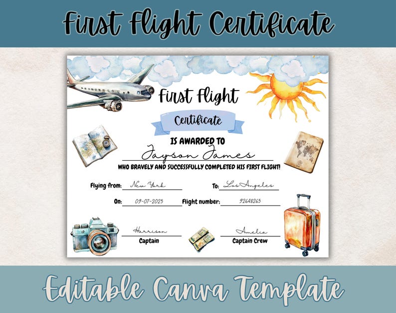 First Flight Certificate Printable Award for Toddlers, Vacation Gift ...