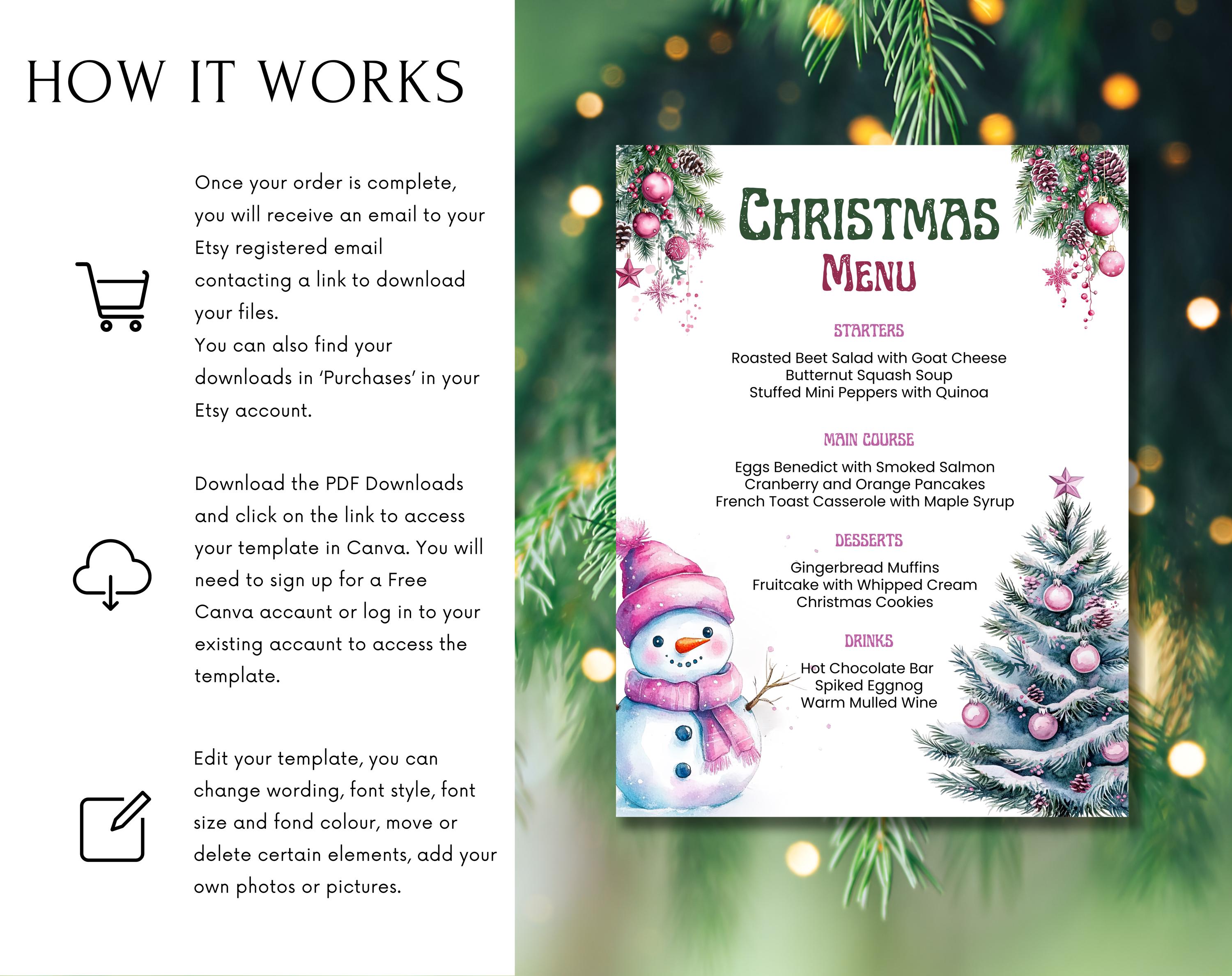 Christmas Menu Card Template, Snowman Menu Printable, Christmas Menu ...
