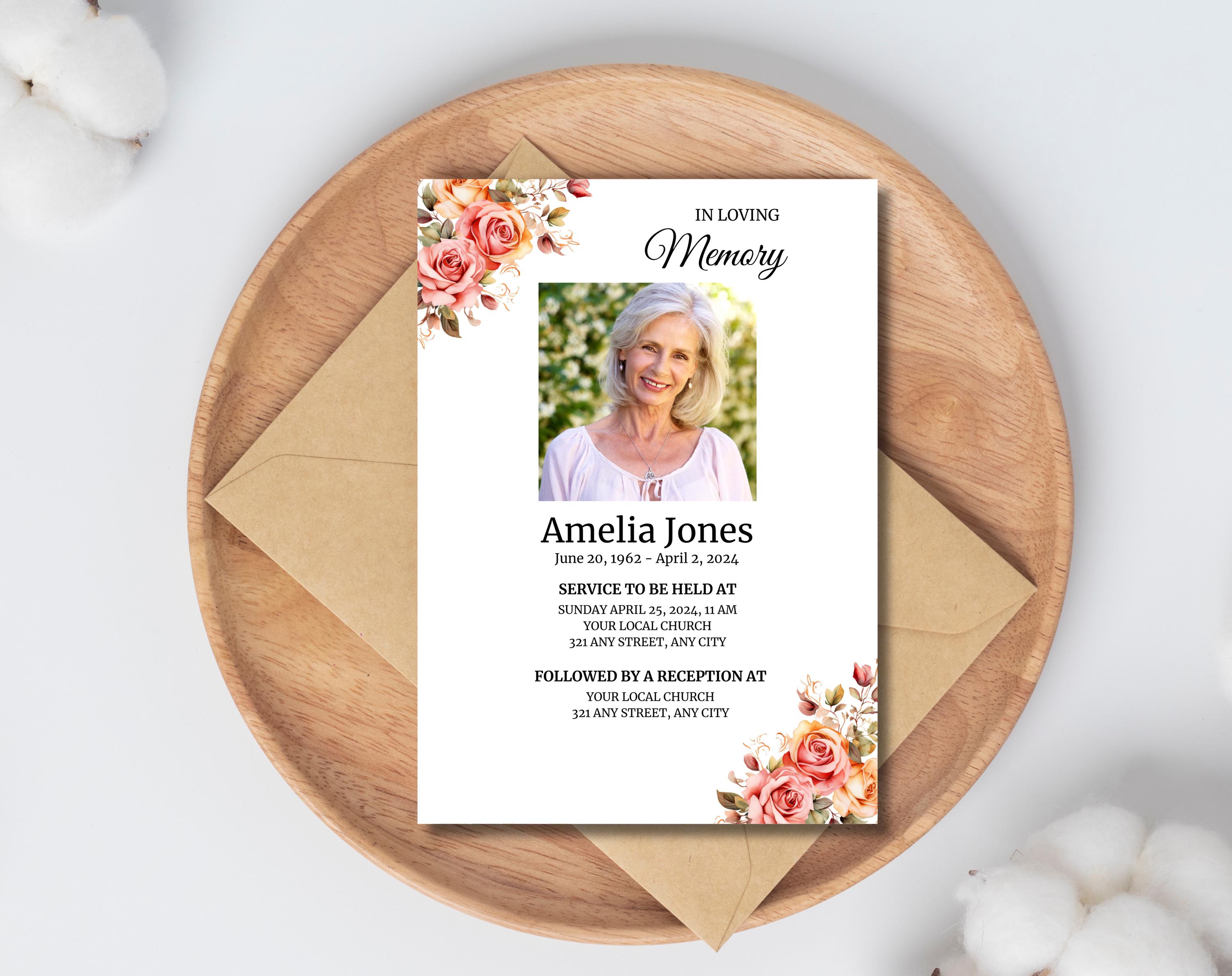 Editable Celebration of Life Invitation, Pink Roses Funeral Invitation ...