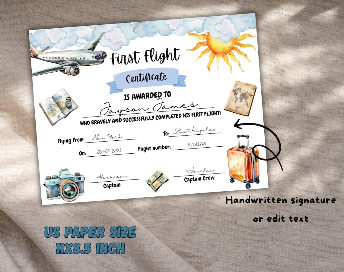 First Flight Certificate Printable Award for Toddlers, Vacation Gift ...