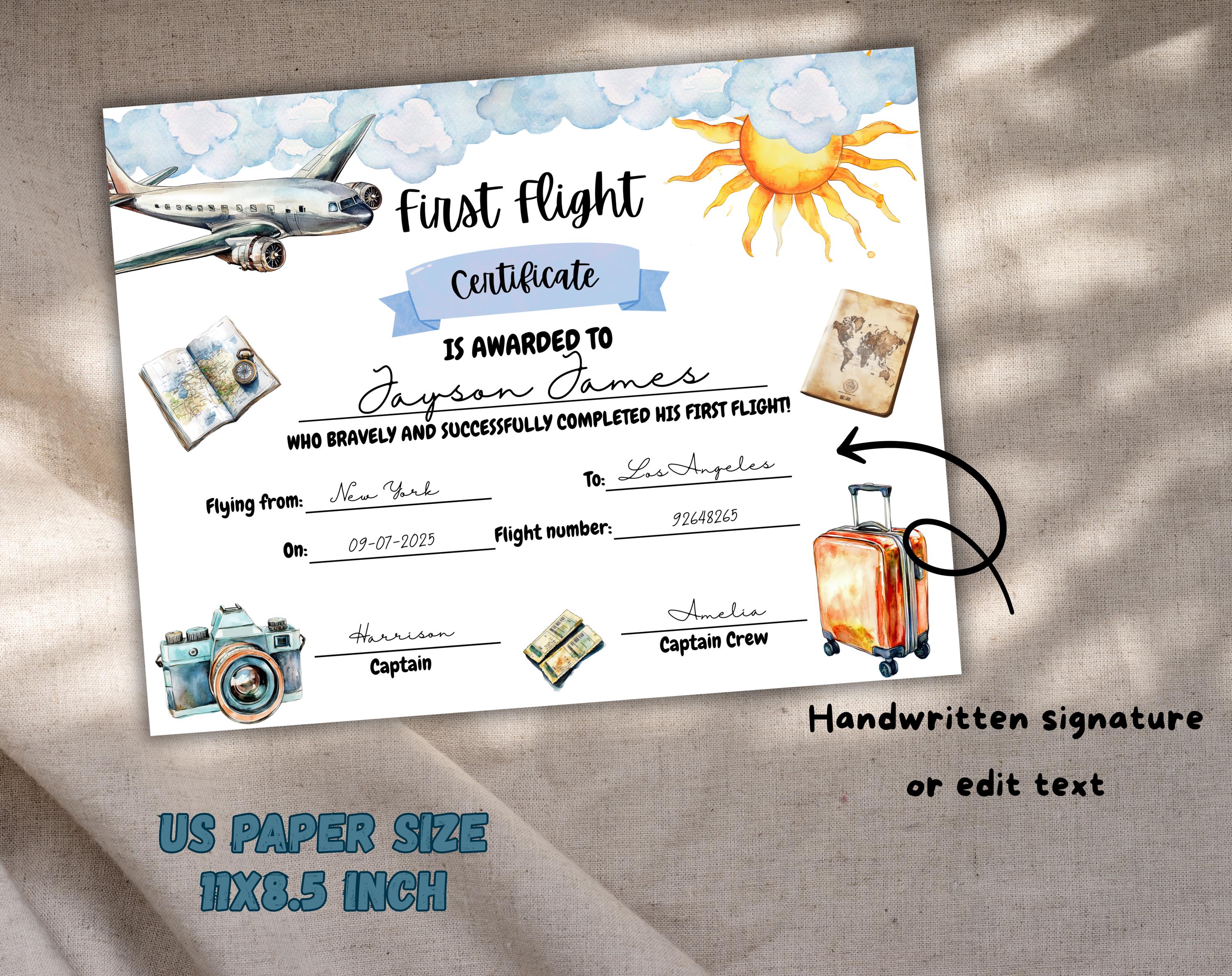 First Flight Certificate Printable Award for Toddlers, Vacation Gift ...