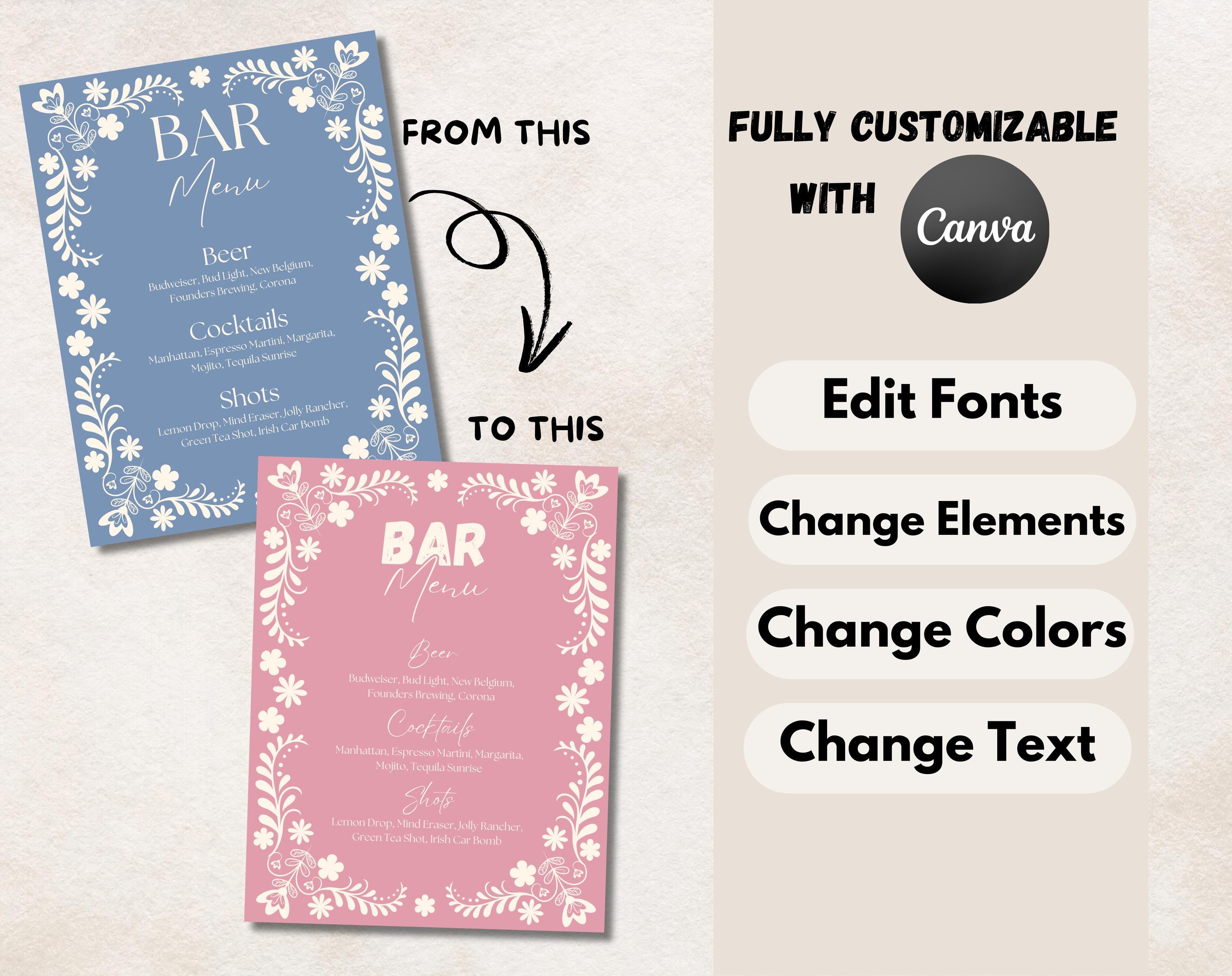 Talavera Birthday Bar Menu, Bar Menu Printable Sign, Editable Template ...