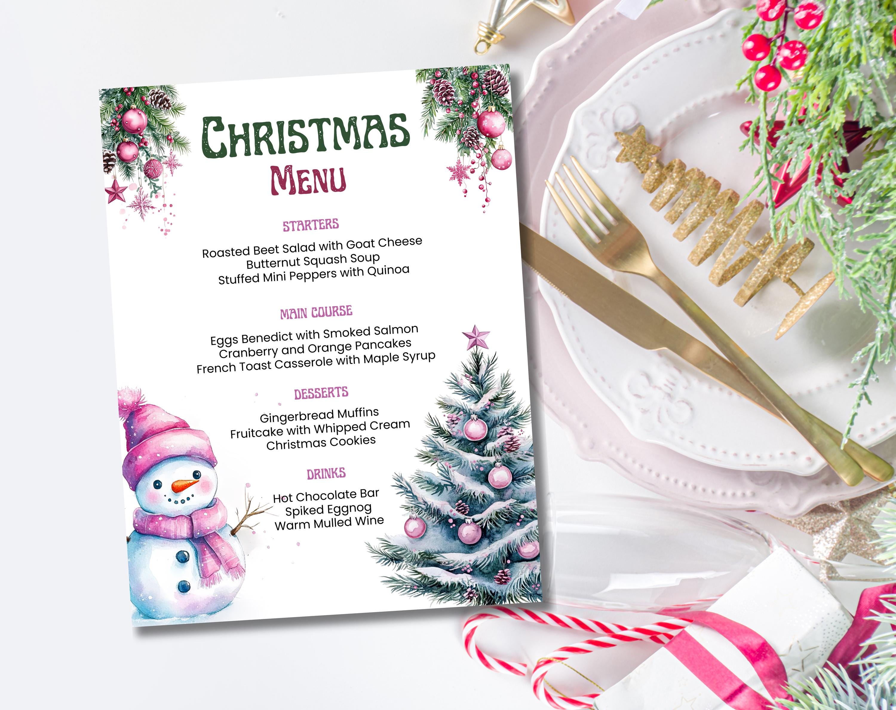 Christmas Menu Card Template, Snowman Menu Printable, Christmas Menu ...