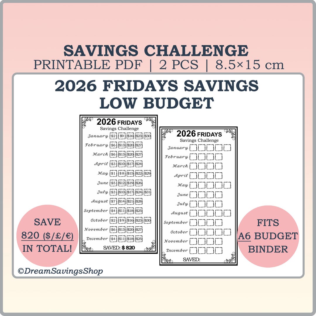 2026 Fridays Savings Challenge Bundle, A6 Printable Budget Tracker, Low ...