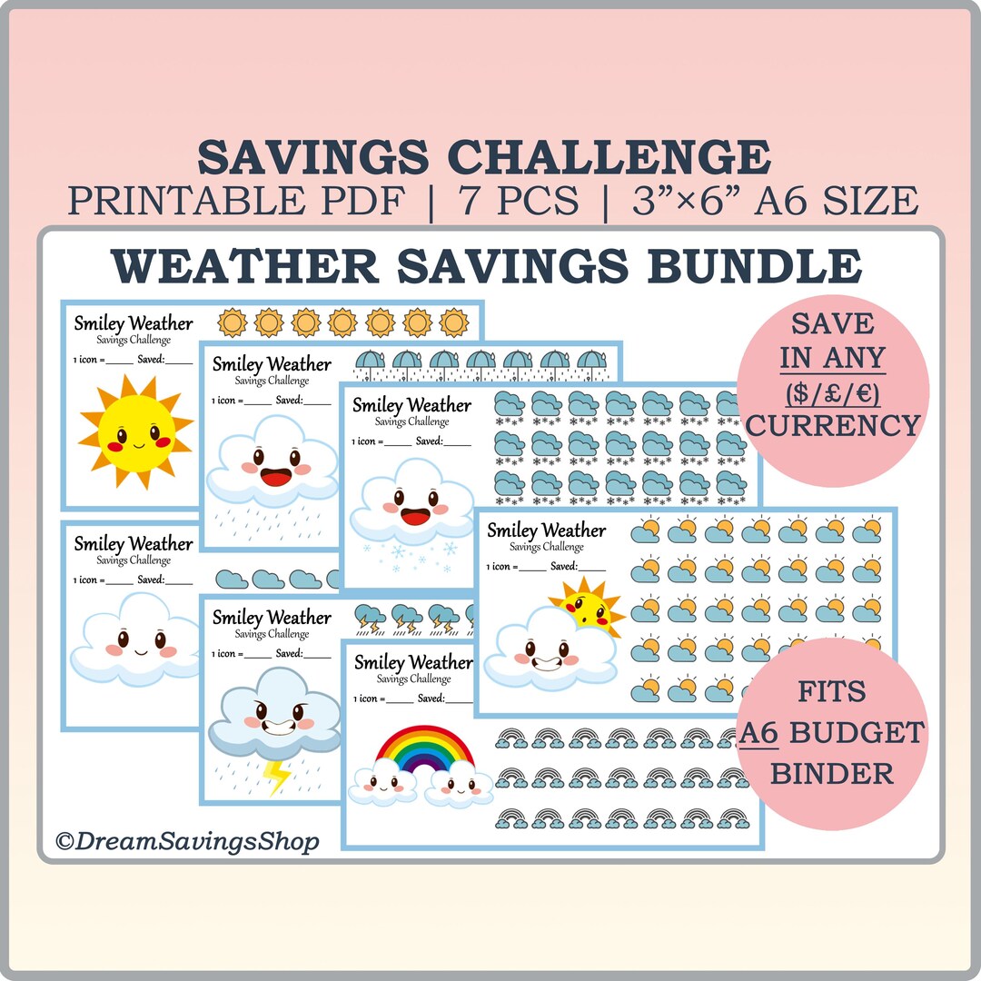 A6 Smiley Weather Money Savings Challenge Bundle, Printable Weather ...