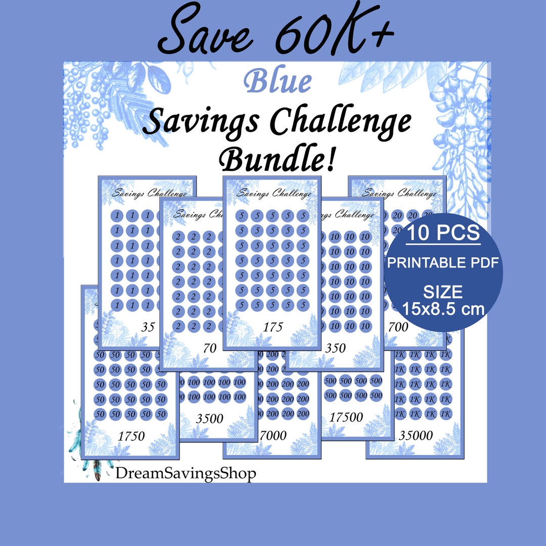 Blue Savings Challenge Bundle, 60K Saving Challenge, Floral Pack, A6 ...