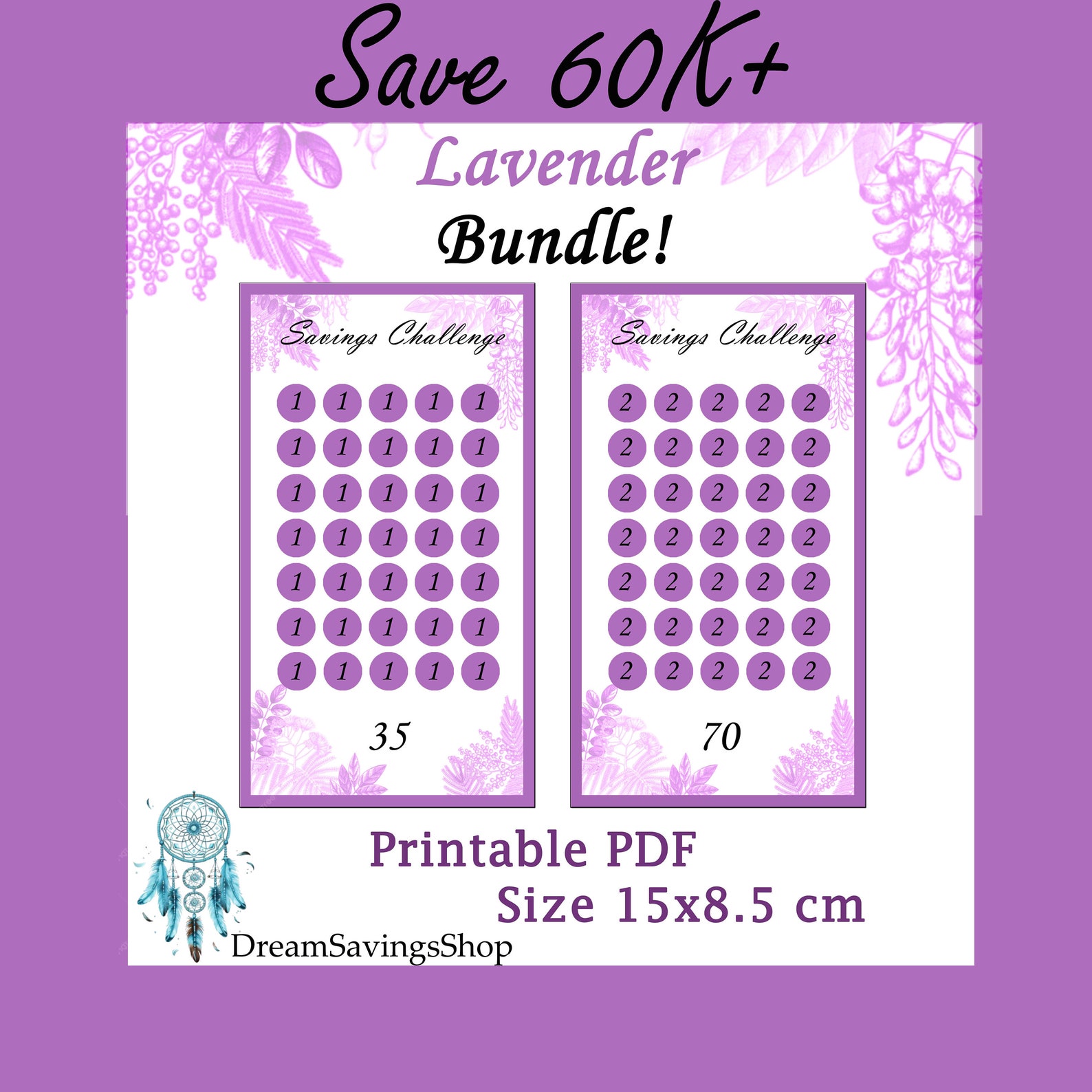 Lavender Savings Challenge Bundle, 60K Saving Challenge, Floral, A6 ...