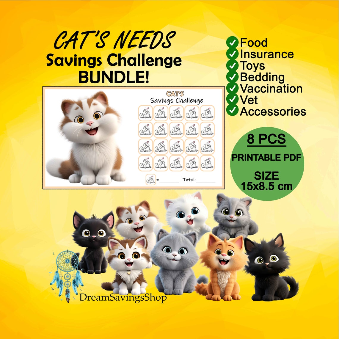 Cat Savings Challenge Bundle, Cat Fund Tracker, Cats Pack, A6 Cat ...
