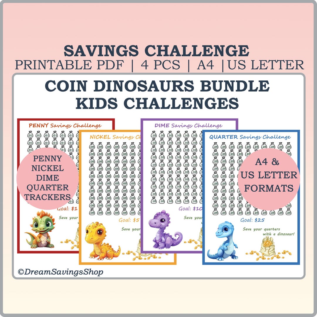 Coin Dinosaurs Savings Challenges Bundle, Kids Money Saving Challenge ...