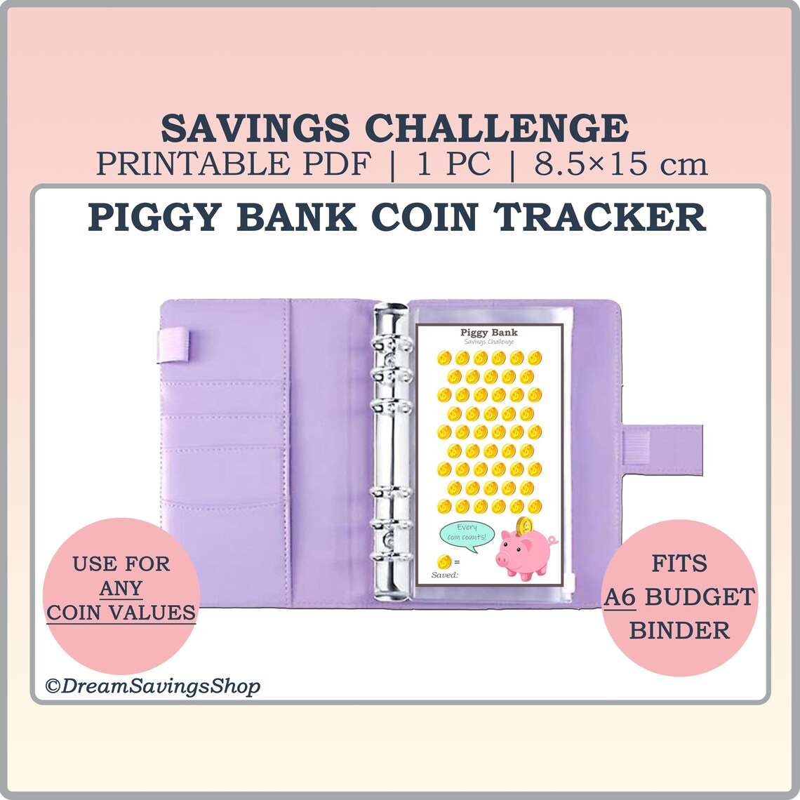 Piggy Bank Coin Money Savings Challenge, Printable A6 Coin Tracker ...