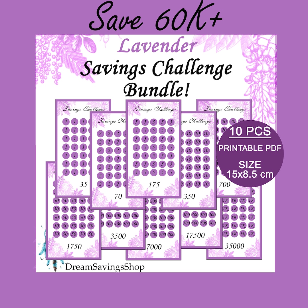 Lavender Savings Challenge Bundle, 60K Saving Challenge, Floral, A6 ...