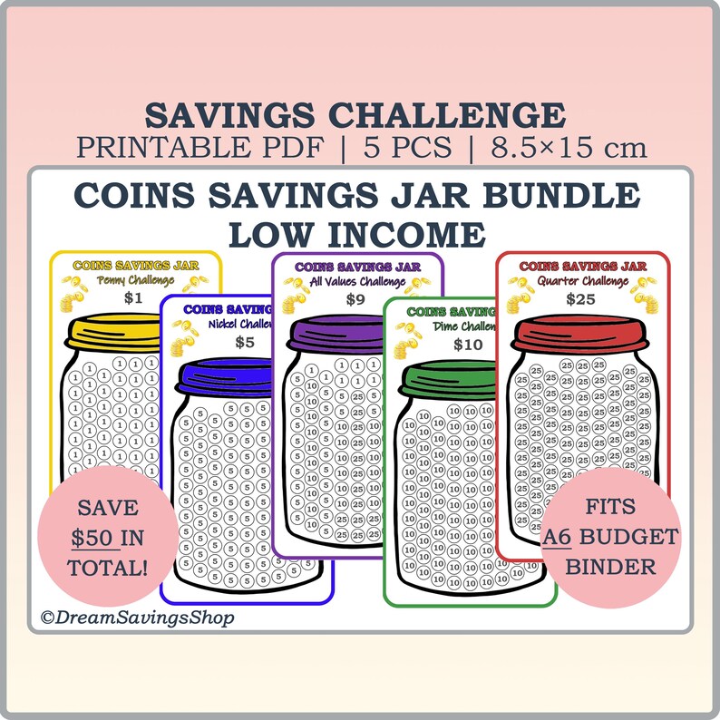 Coin Jars Money Savings Challenge Bundle, A6 Printable Coin Saving ...