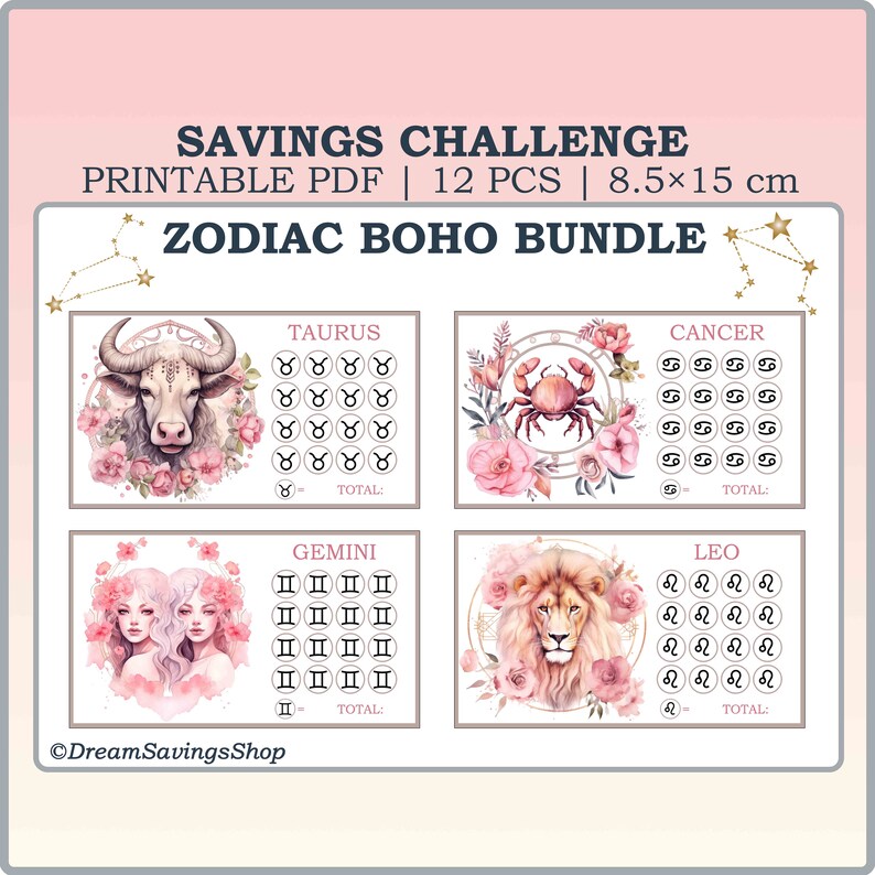 Zodiac Boho, Money Challenge Bundle, Zodiac Signs Saving, Money Saving ...