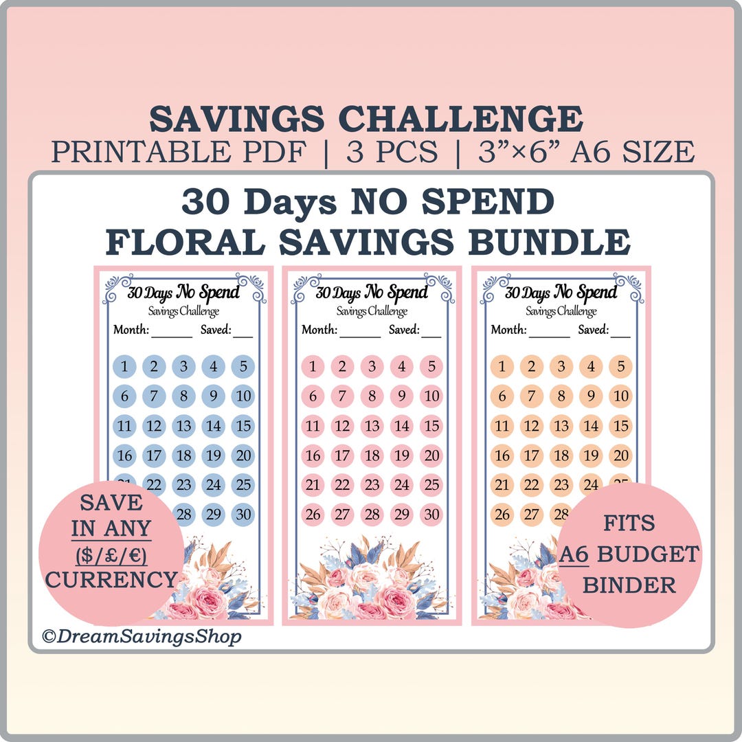 A6 Floral No Spend Money Challenges Bundle, 30 Days No Spend Challenge ...