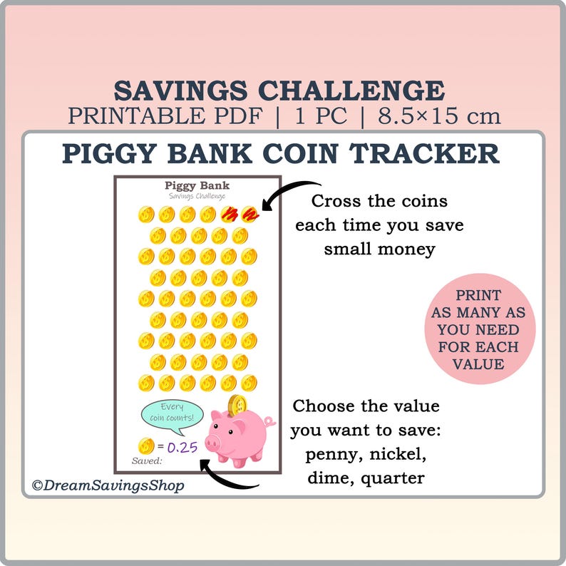 Piggy Bank Coin Money Savings Challenge, Printable A6 Coin Tracker ...