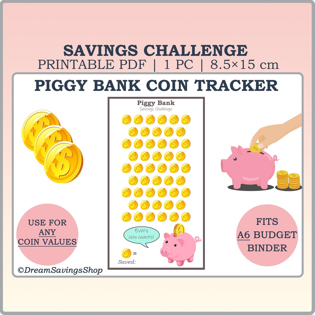 Piggy Bank Coin Money Savings Challenge, Printable A6 Coin Tracker ...
