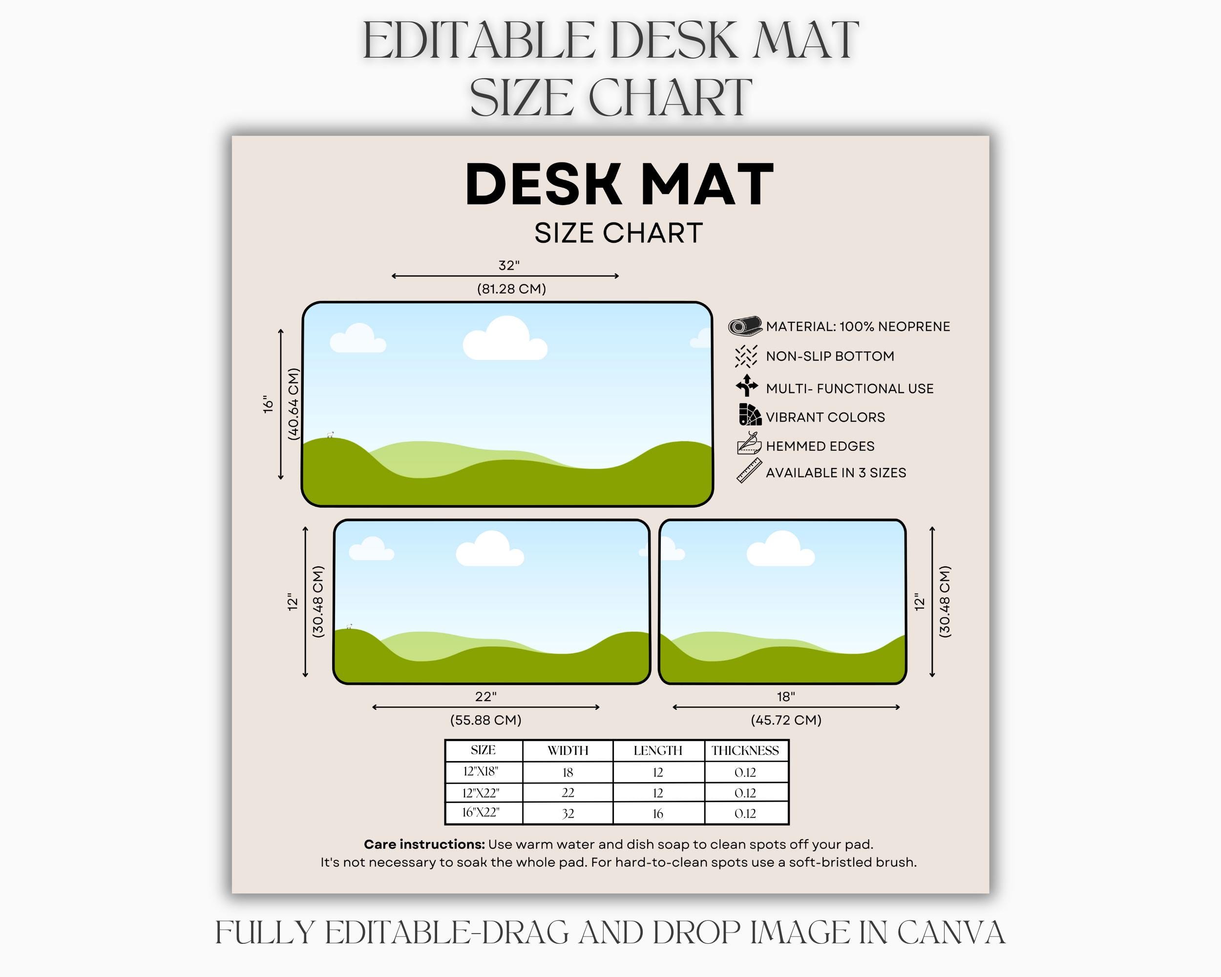 Desk Mat Size Chart – Editable Canva Template,| Drag & Drop Mockup ...