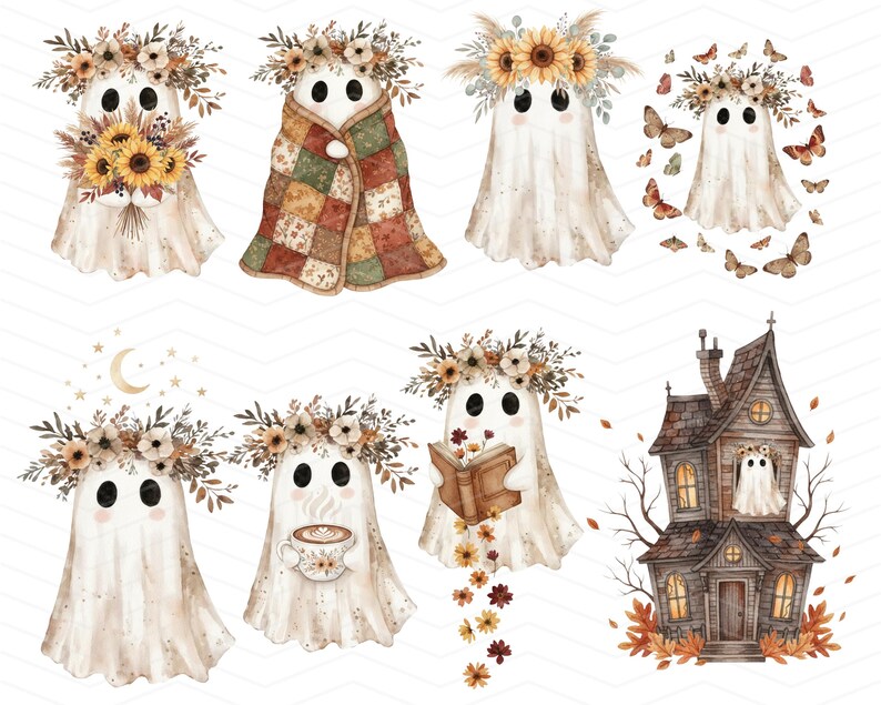 120 Vintage Fall Ghost Clipart PNG Bundle, Cute Halloween Watercolor ...