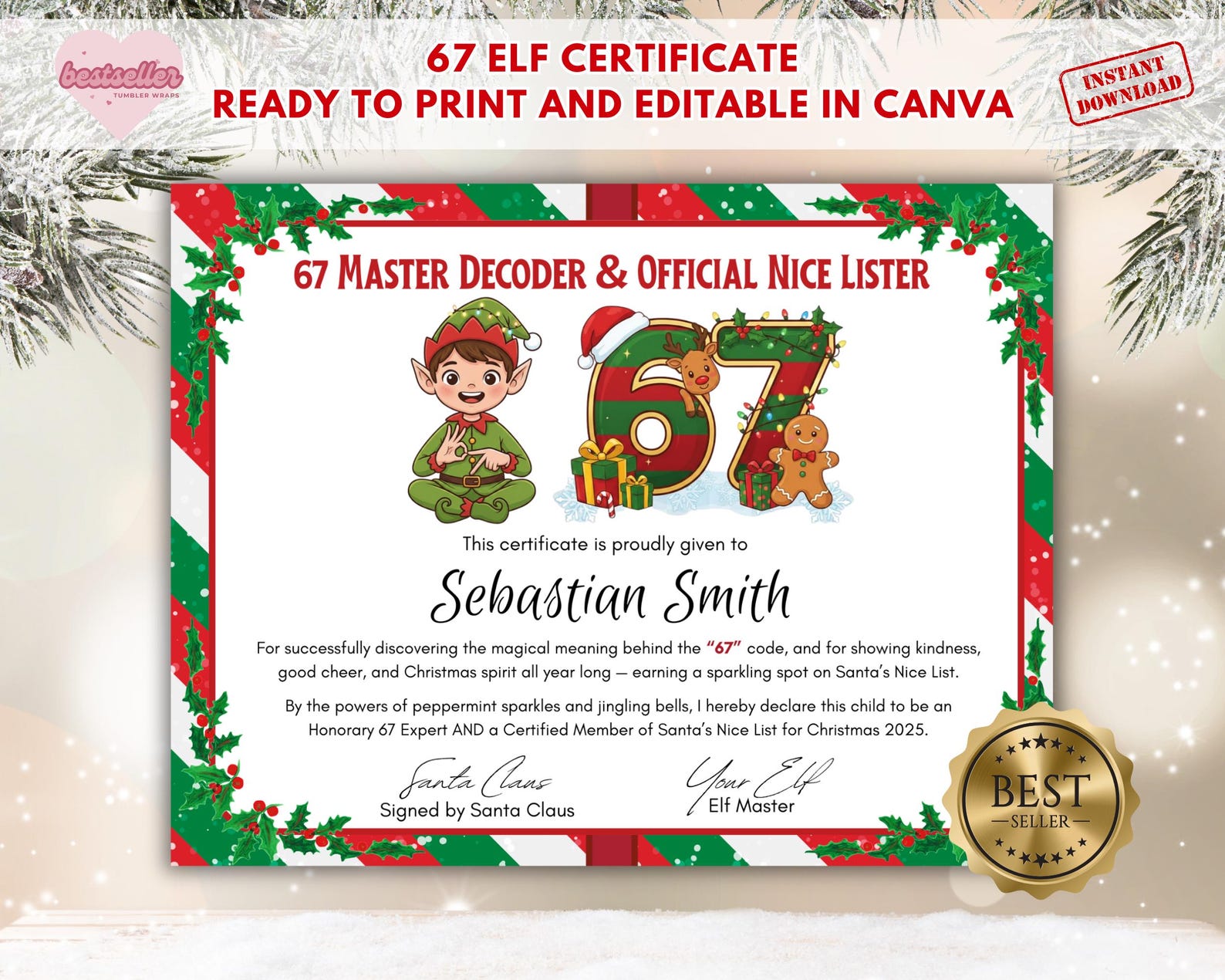 Elf 6 7 Certificate, Six Seven Elf Nice List, 67 Elf Printable, Elf ...