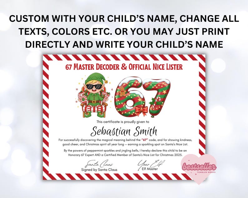 Elf 6 7 Certificate, Six Seven Elf Nice List, 67 Elf Printable, Elf ...