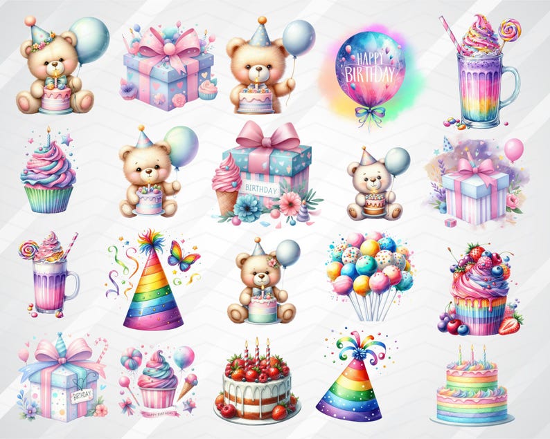 Birthday Clipart Bundle 600 Birthday PNG, Watercolor Birthday Clipart ...