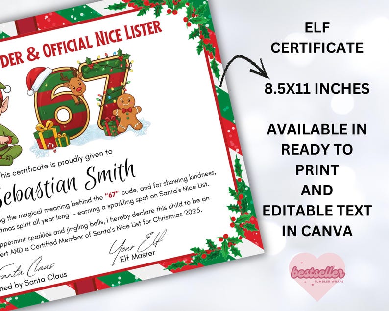 Elf 6 7 Certificate, Six Seven Elf Nice List, 67 Elf Printable, Elf ...