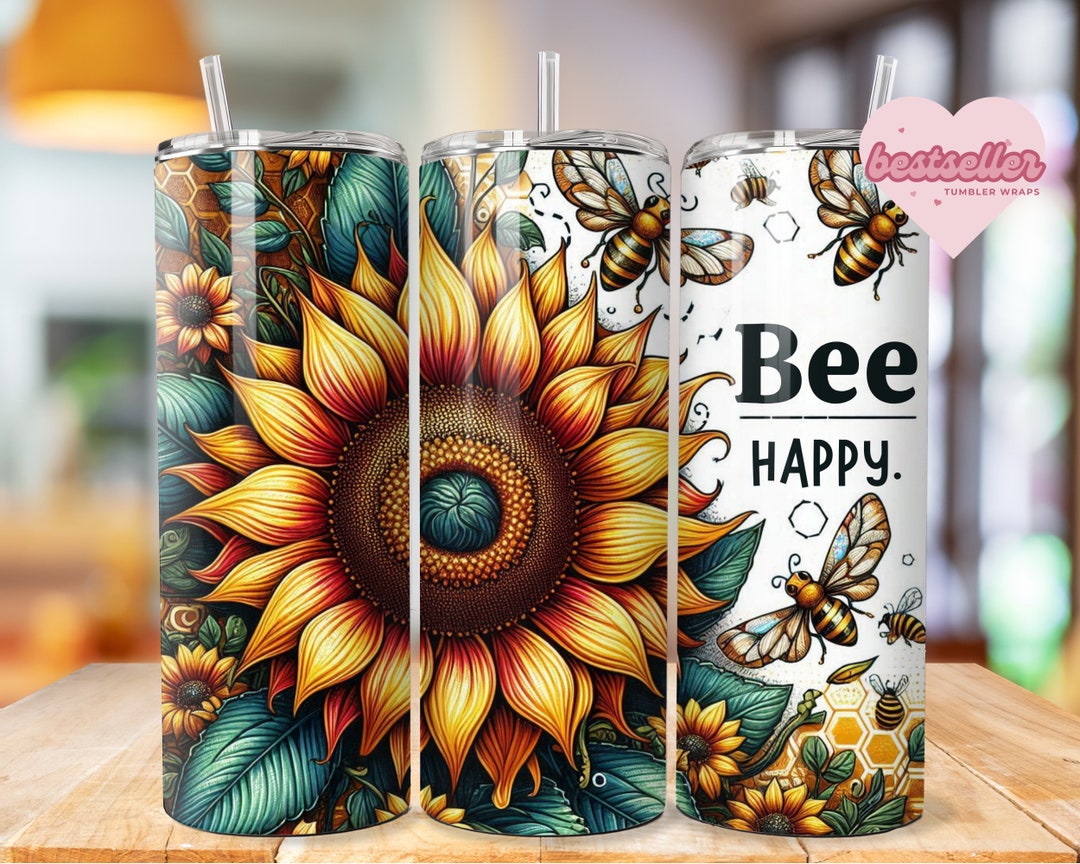 Sunflower Png, Bee Happy. Tumbler Wrap, Sublimation Design, Bee Tumbler ...