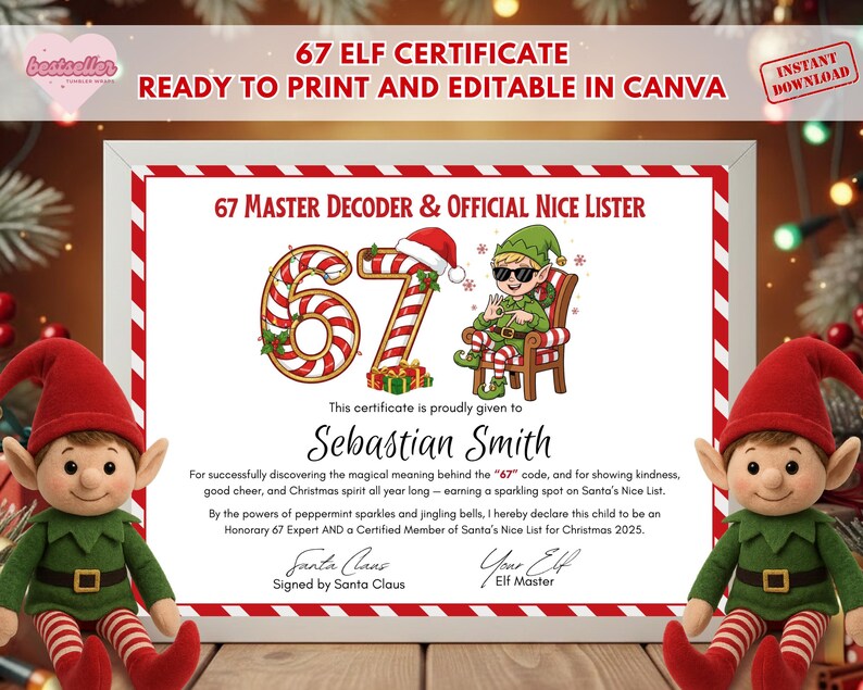 Elf 6 7 Certificate, Six Seven Elf Nice List, 67 Elf Printable, Elf ...