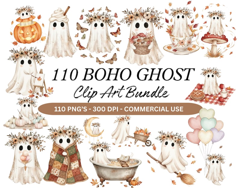 120 Vintage Fall Ghost Clipart PNG Bundle, Cute Halloween Watercolor ...