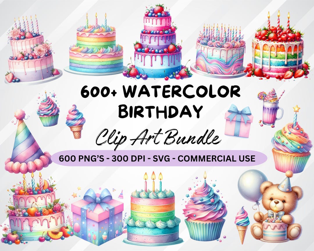 Birthday Clipart Bundle - 600+ Birthday PNG, Watercolor Birthday ...