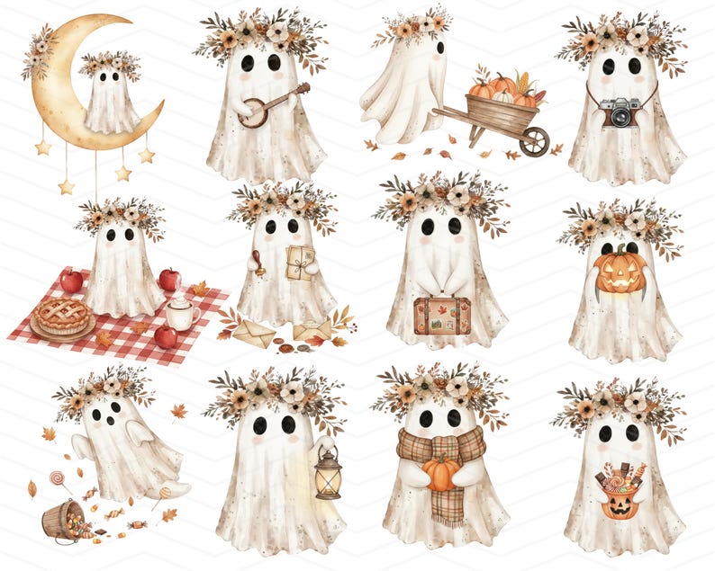 120 Vintage Fall Ghost Clipart PNG Bundle, Cute Halloween Watercolor ...