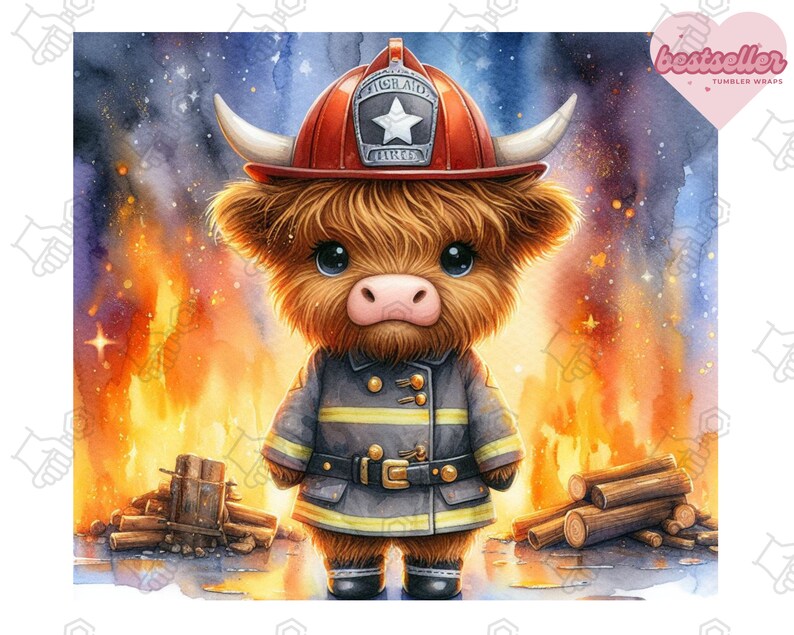 Fireman Highland Cow Sublimation Design, 20oz Skinny Tumbler Graphic ...
