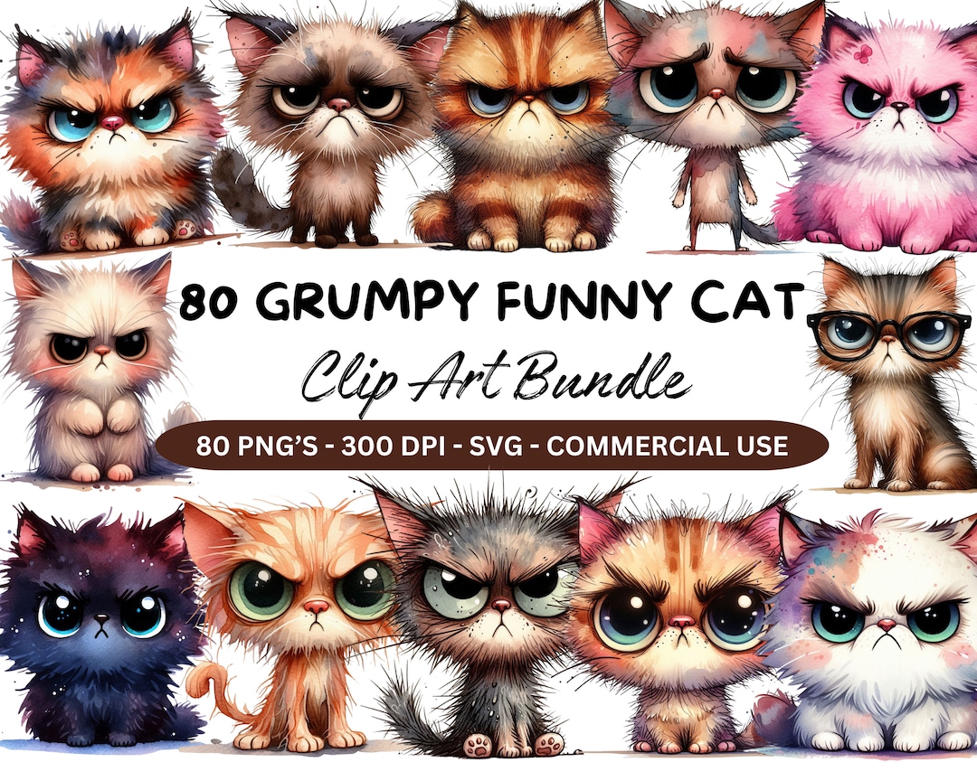 80 Grumpy Funny Cat Clipart, Cute Cat Clipart Bundle, Cartoon Cat PNG ...