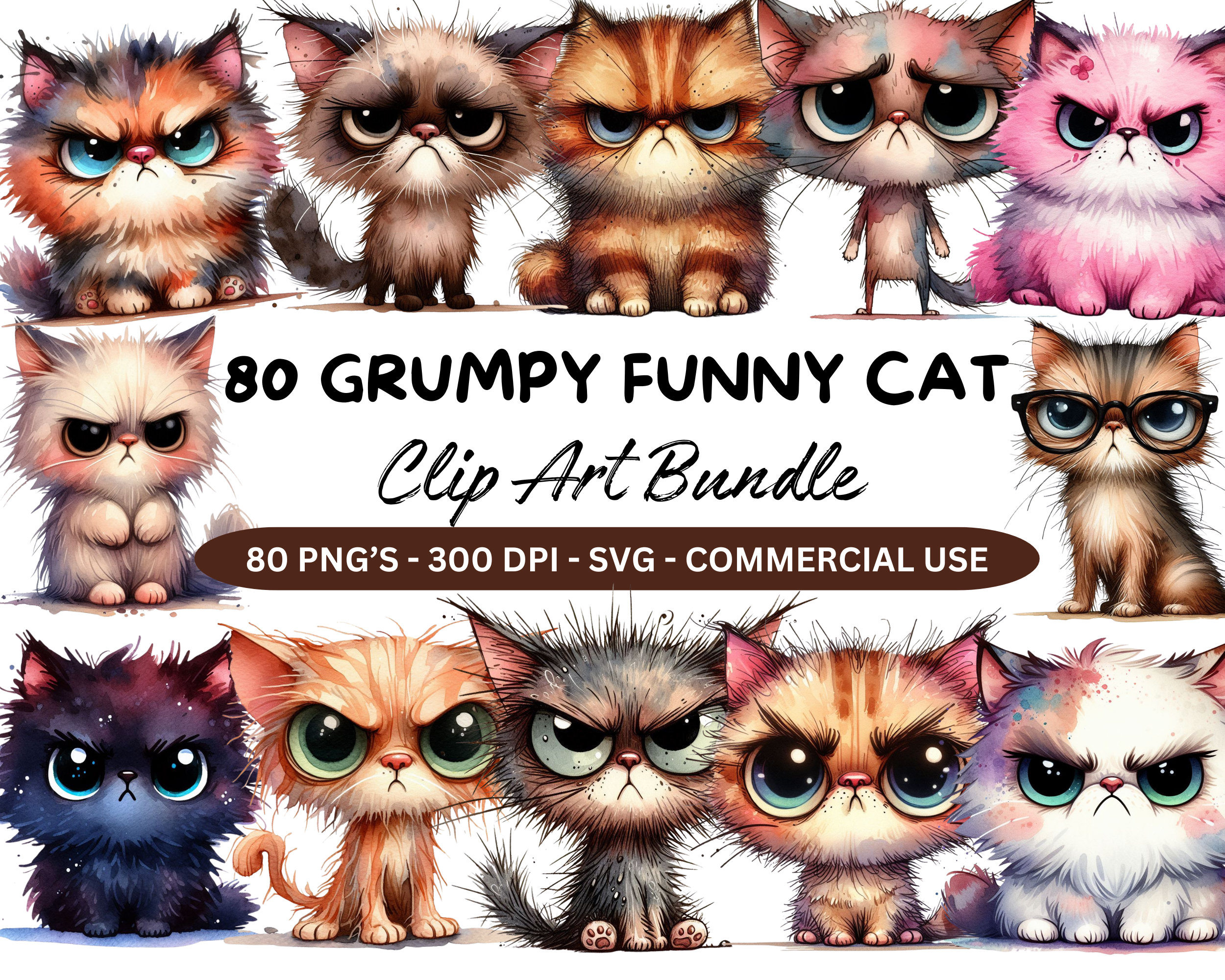 80 Grumpy Funny Cat Clipart, Cute Cat Clipart Bundle, Cartoon Cat PNG ...
