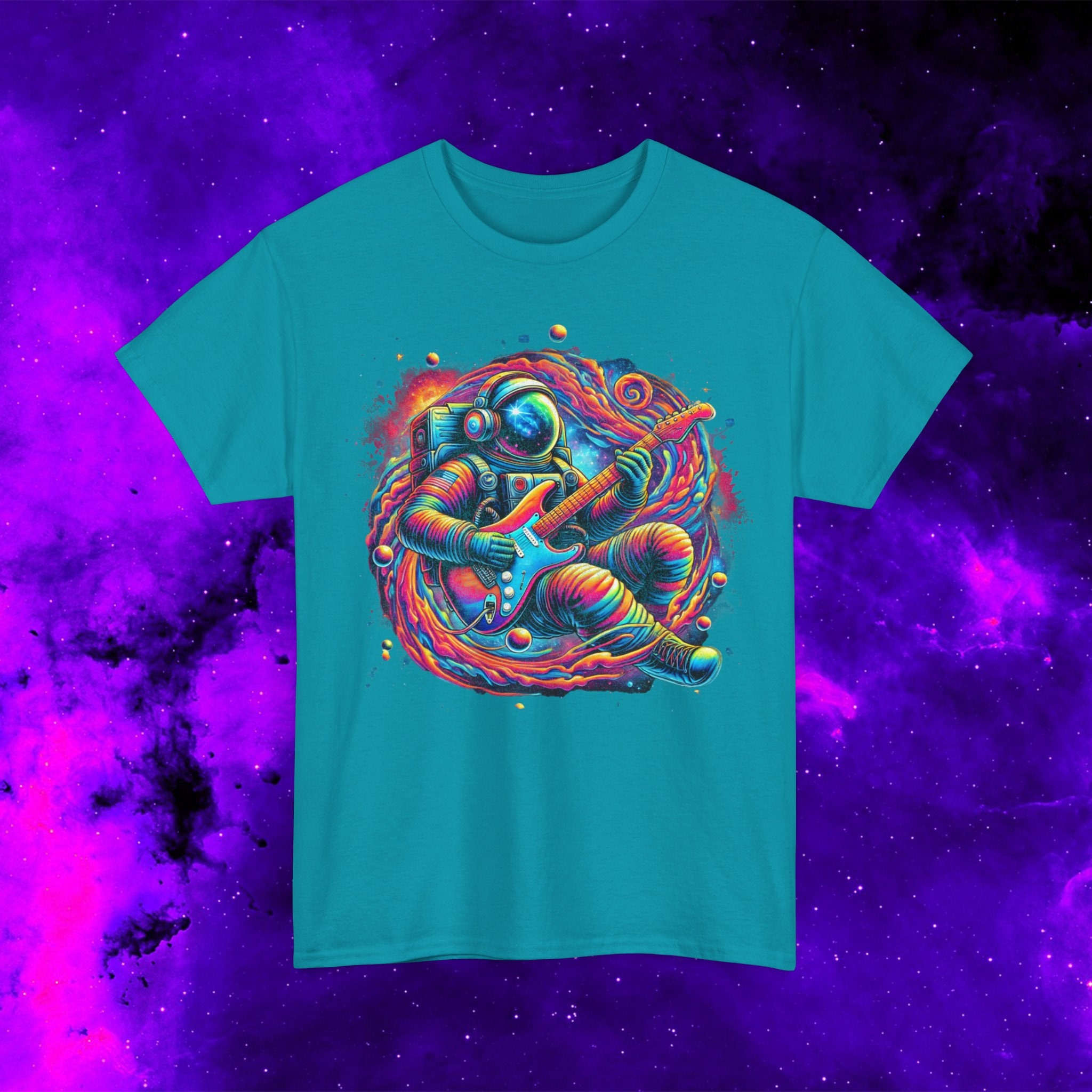 Psychedelic Space Astronaut T-shirt - Cosmic Guitar Tee - Vibrant ...