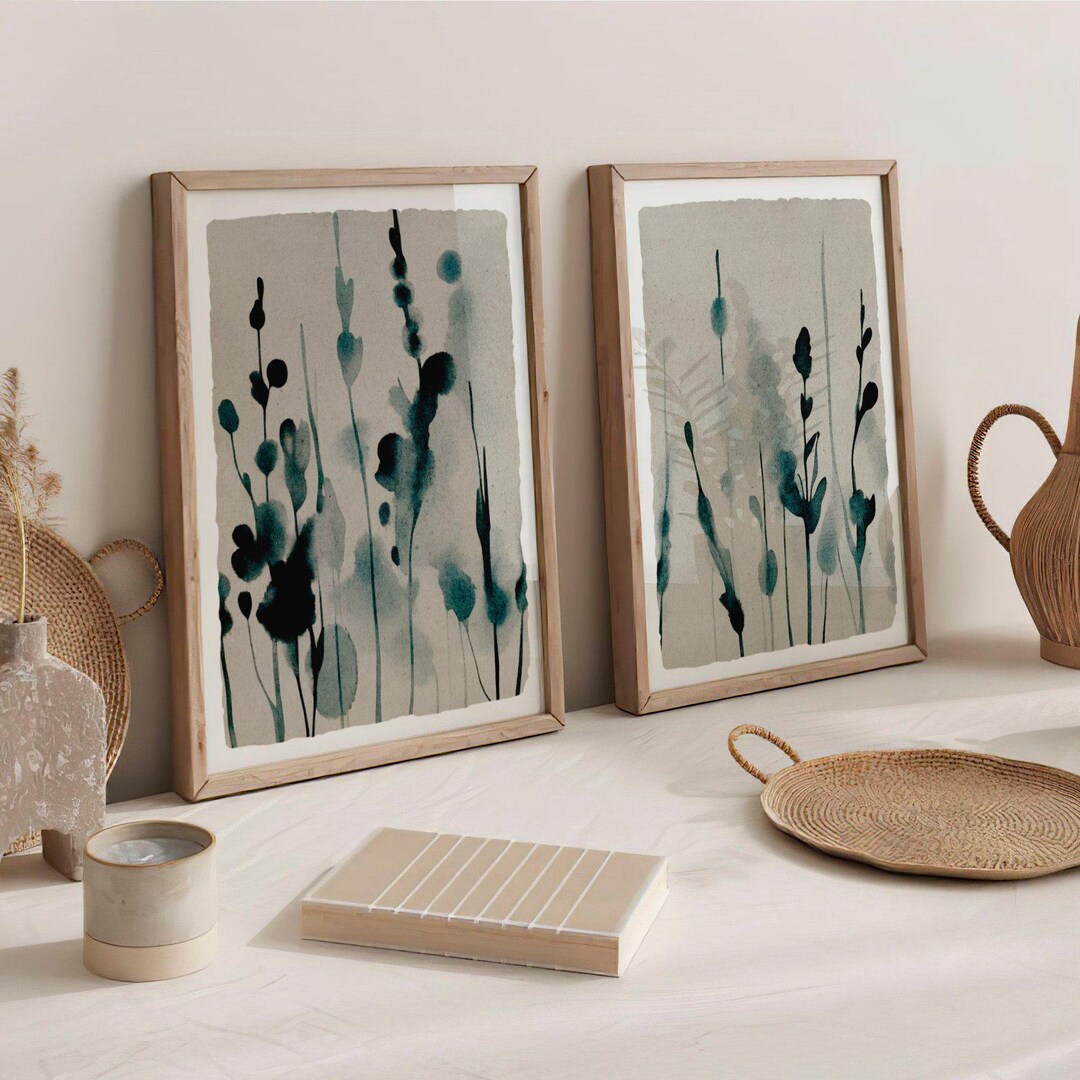 Set of Two Blue Abstract Leaf Posters | Fern Frond Print | Cyan Teal ...